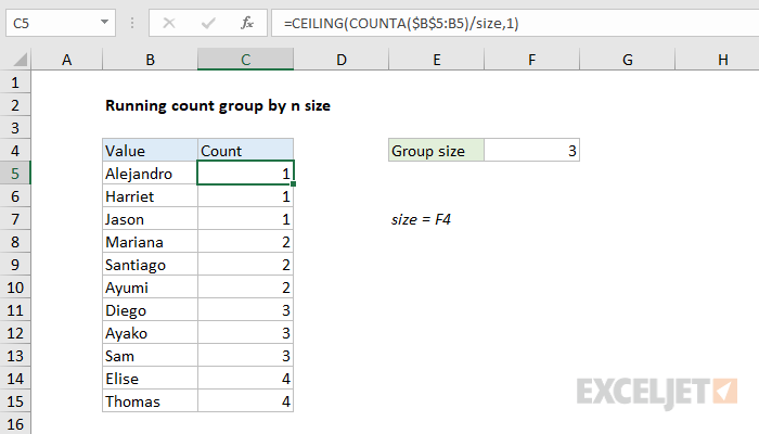 Running Count Group By N Size Excel Formula Exceljet